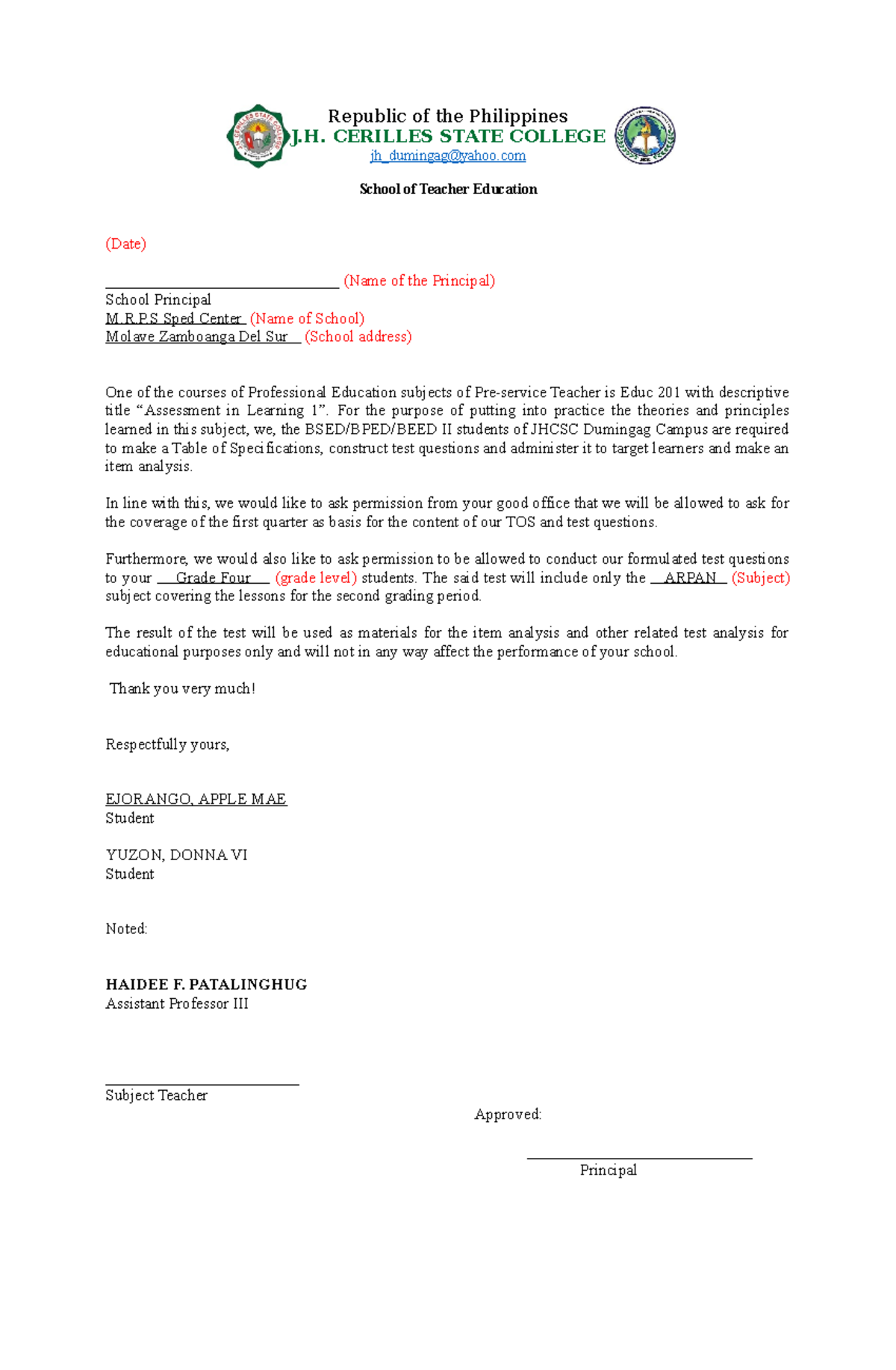 Letter of Request for Test Permission - Educ 201 Proj - Studocu