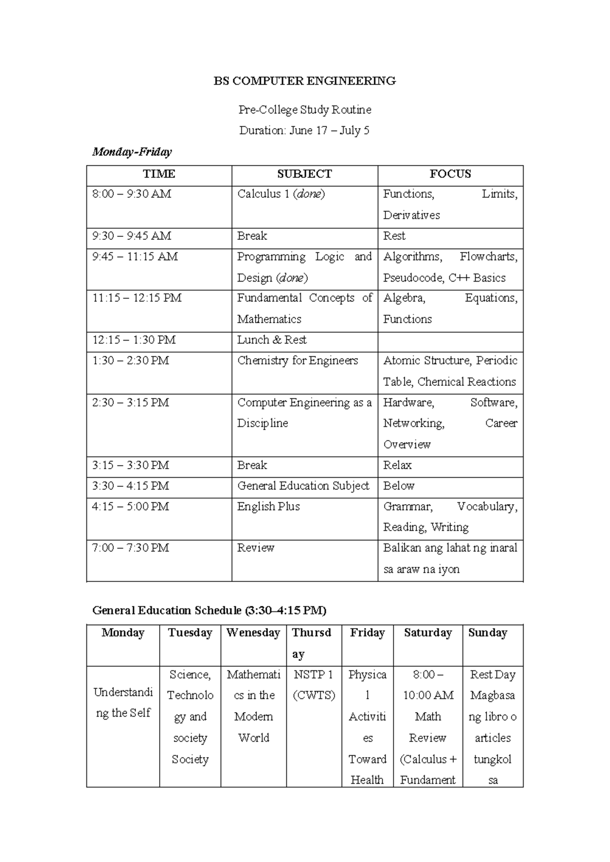 BS Computer Engineering Study Routine: June 17 - July 5 - Studocu