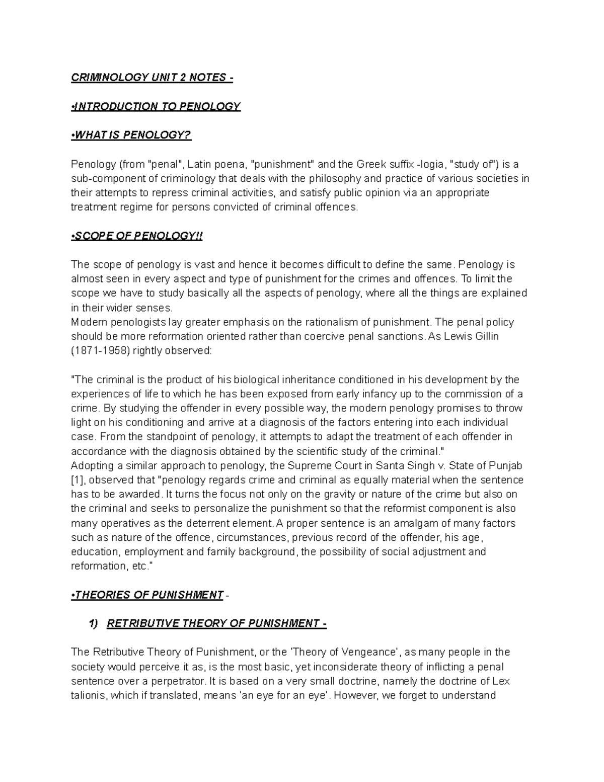 Criminology Unit 2: Comprehensive Notes on Penology & Theories of ...