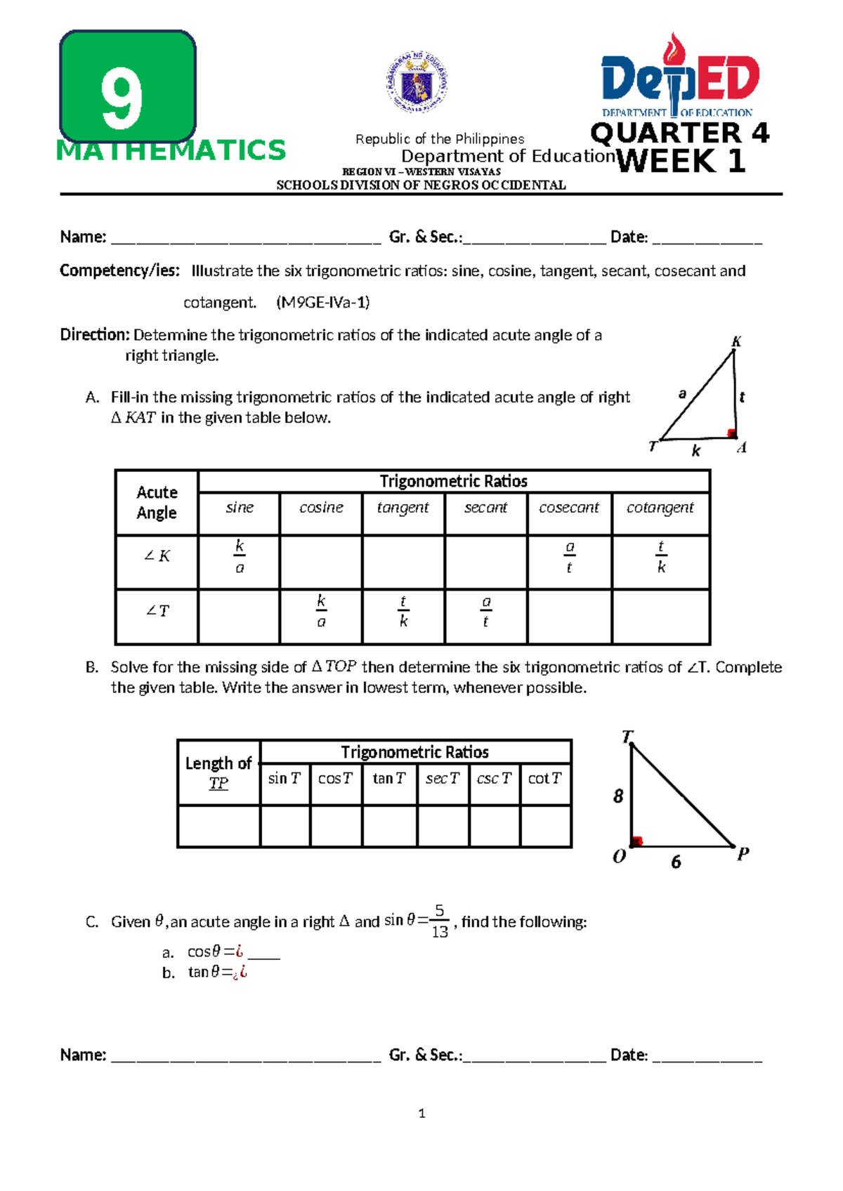 Emergency Learning Kit: Trigonometric Ratios in Math 9 - Studocu
