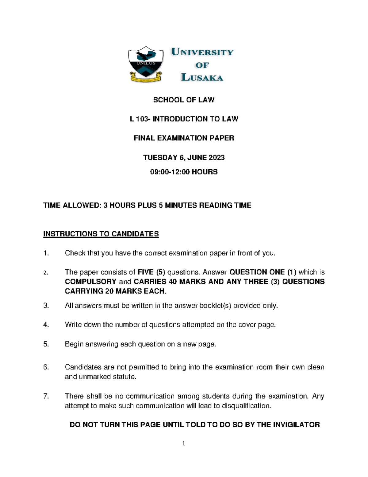 L103 2023 semester 1 Final exam - SCHOOL OF LAW L 103 - INTRODUCTION TO LAW FINAL EXAMINATION ...