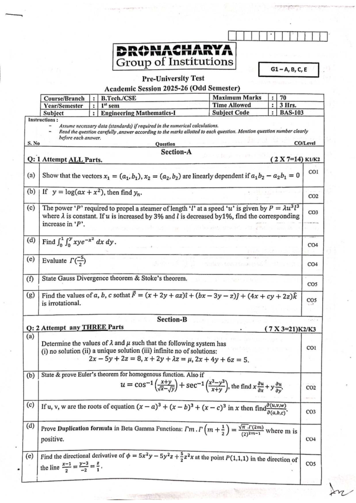PUT 1st Sem Engineering Test Paper with Solved Answers 2025 - Studocu