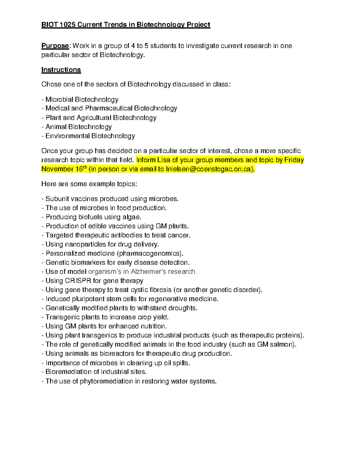 BIOT 1025 Current Trends in Biotechnology Project Outline - Studocu