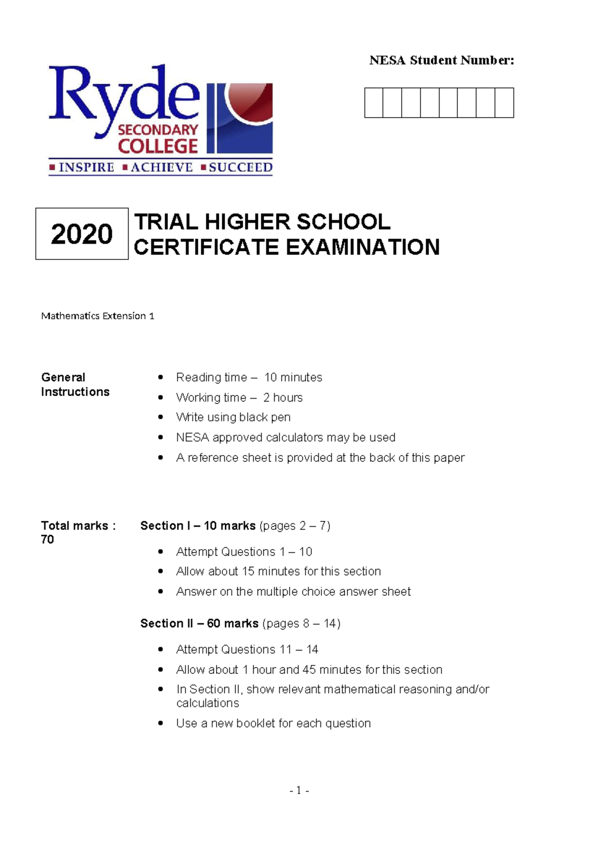 RSC 2020 HSC Trial Mathematics Extension 1 Exam Paper - Studocu