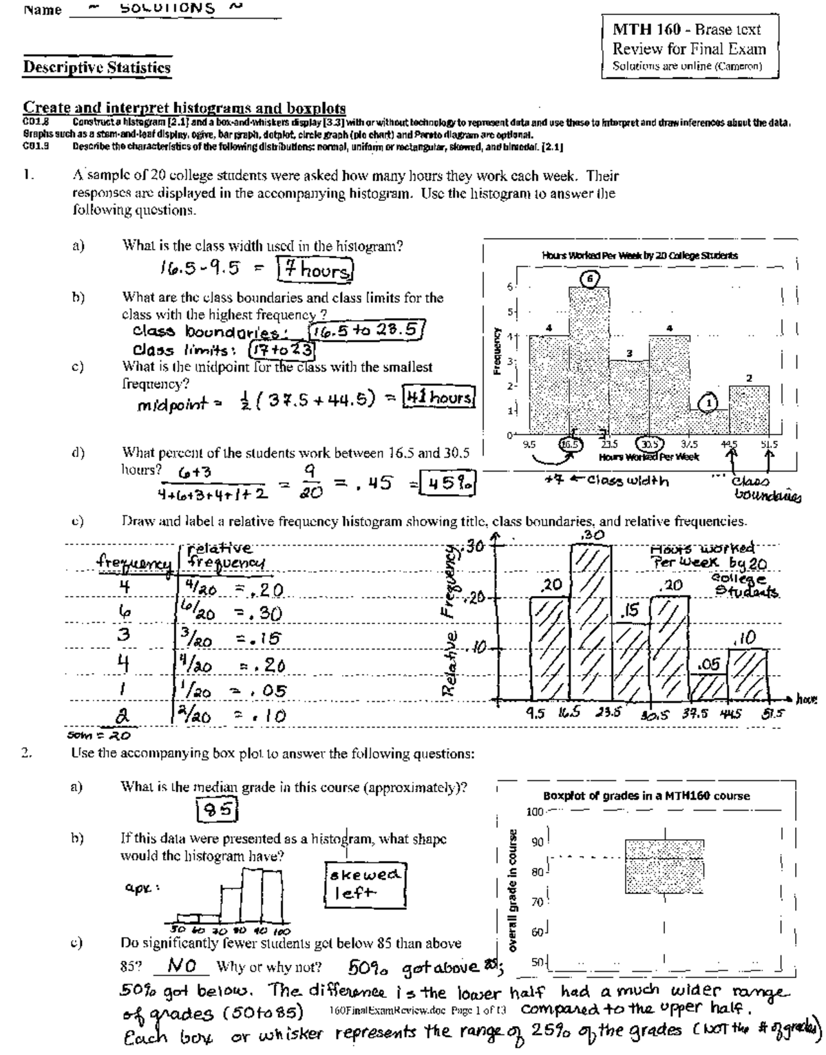 MTH 160 Final Exam Review Solutions: Descriptive Statistics Analysis ...