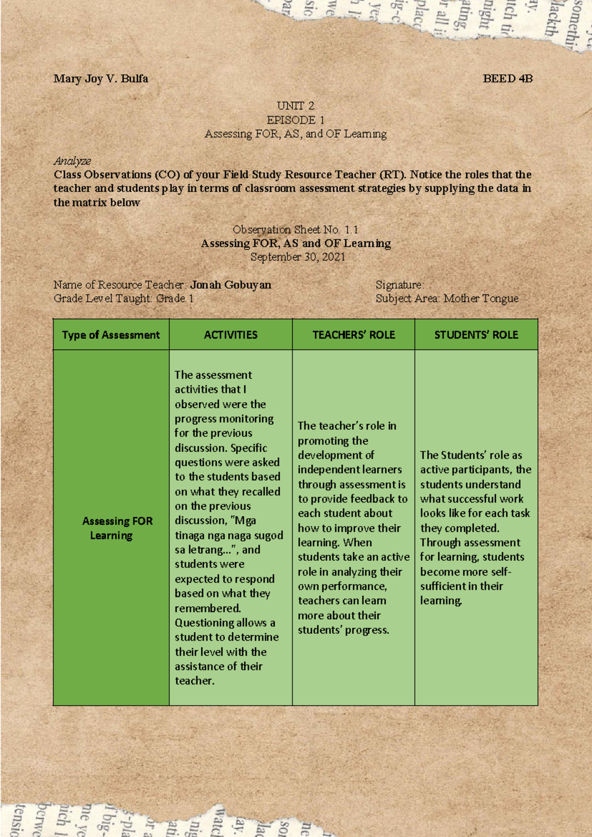FS2 U2 E1 - Classroom Assessment Observations and Reflections - Studocu