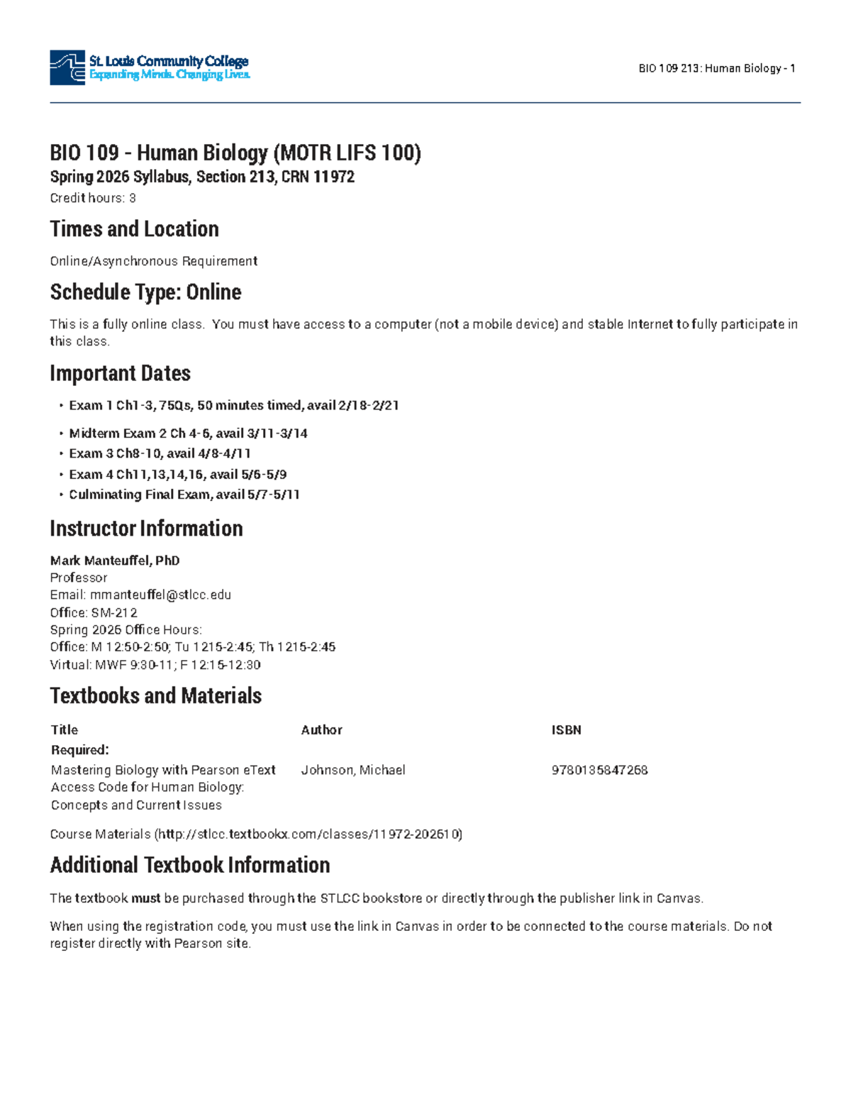 BIO 109 213: Human Biology 1 Spring 2026 Course Syllabus - Studocu