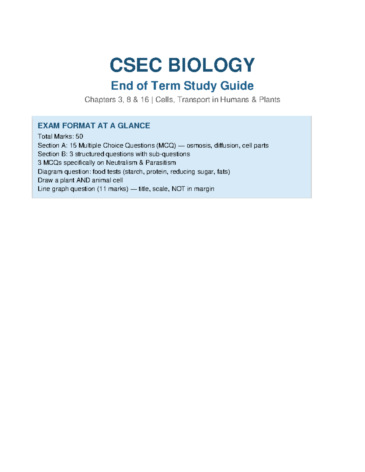 CSEC BIOLOGY End of Term Study Guide: Cells, Transport & Food Tests ...