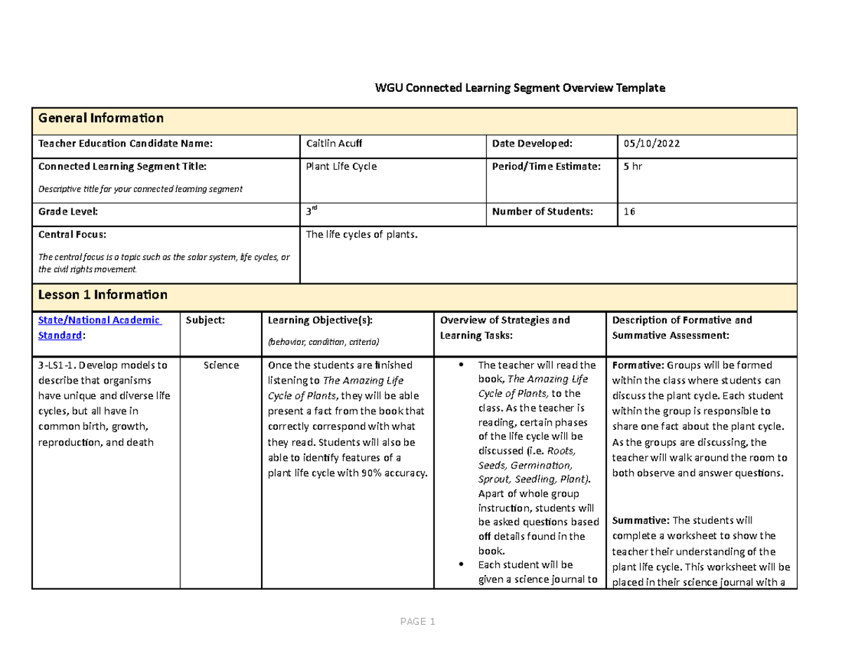 C970 Task 2 - Lesson Plan on Plant Life Cycles for Children's ...