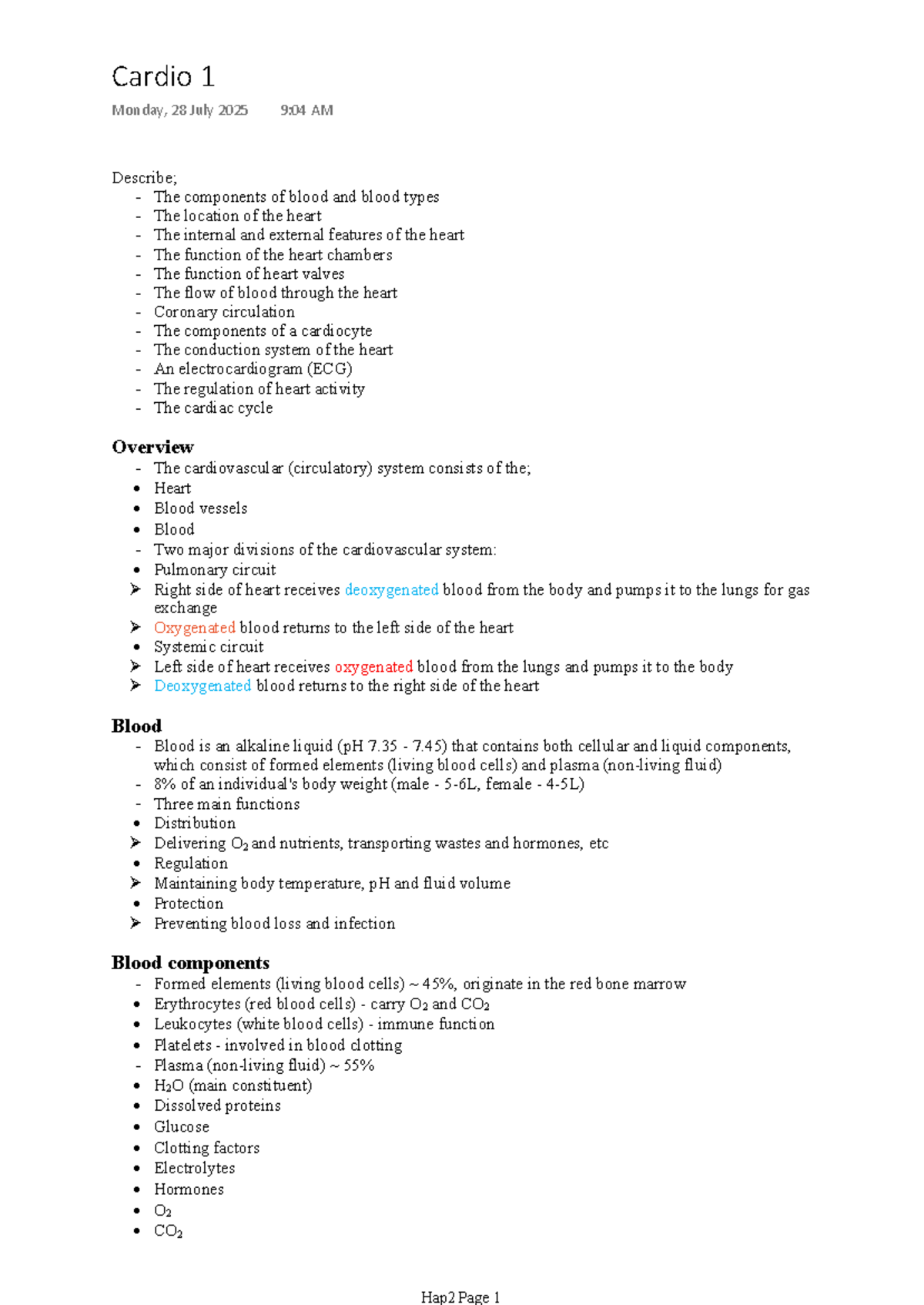 Cardio 1 - Lecture 1: Blood Components & Heart Function Overview - Studocu