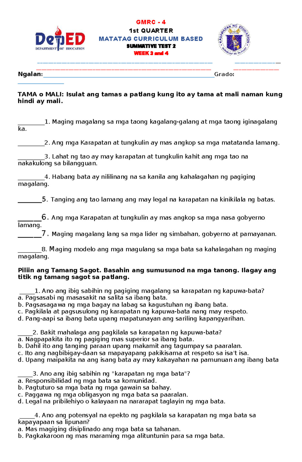 GMRC 4 1st Quarter Summative Test 2: TAMA o MALI Activities - Studocu