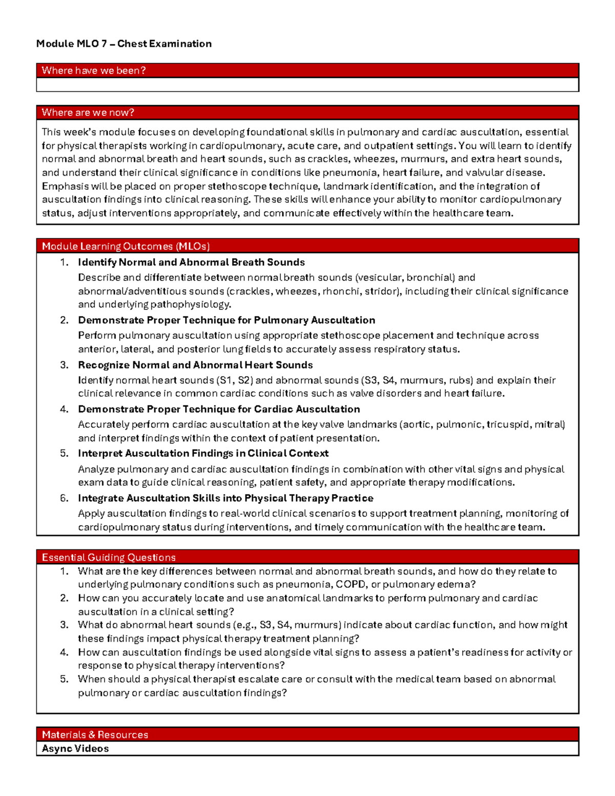 Module MLO 7: Chest Examination & Auscultation Techniques in PT - Studocu