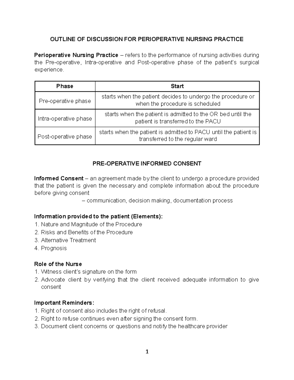 OUTLINE OF PERIOPERATIVE NURSING PRACTICE HANDOUT - Studocu