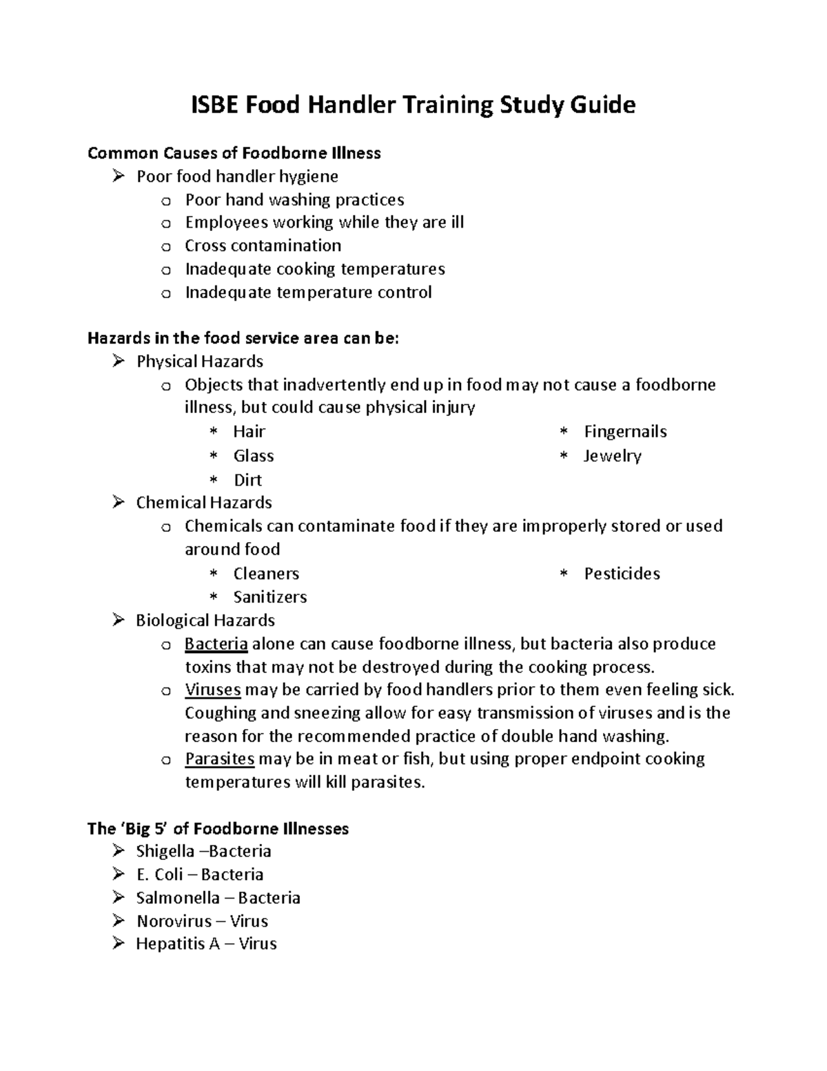 ISBE Food Handler Training Study Guide: Key Safety Practices - Studocu