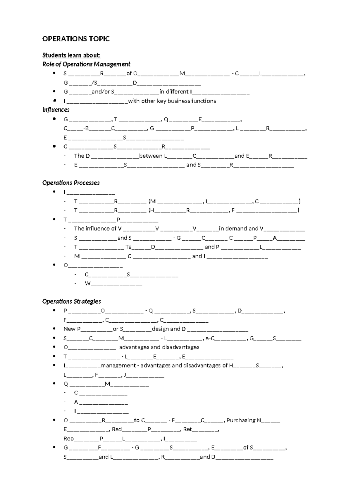 HSC Operations Syllabus Fill in blanks - OPERATIONS TOPIC Students ...