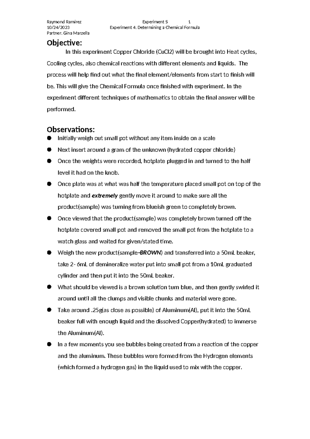 Lab Report for Chem 1 - Experiment 5: Determining Chemical Formula ...