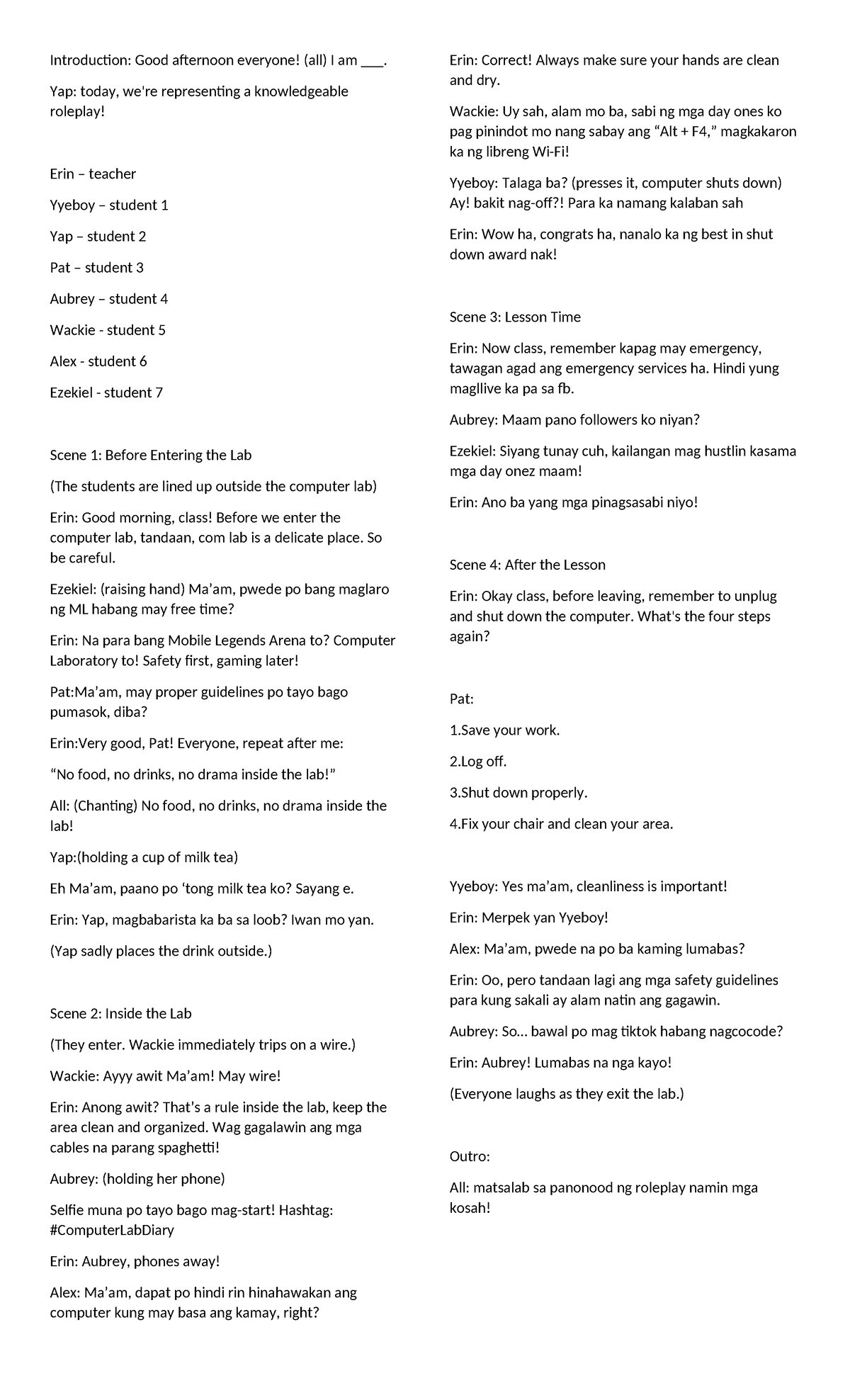 Comp RP: Safety Guidelines in the Computer Lab Roleplay - Studocu