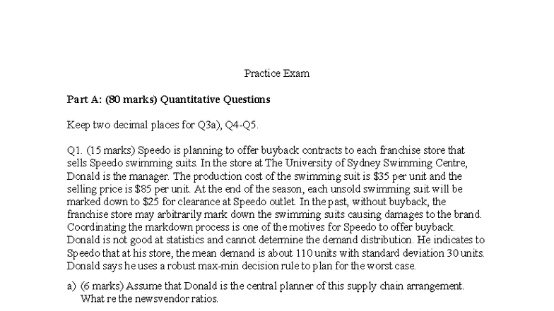 Practice Exam: Quantitative Analysis & Inventory Management (80 Marks ...