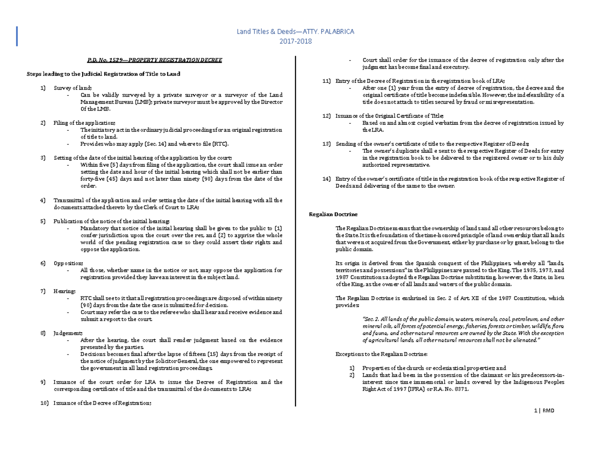 LTD Notes on Land Titles and Registration Procedures - Studocu