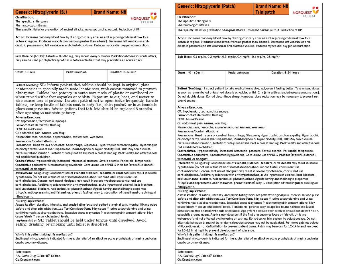 Medication Case Study #36: Nitroglycerin (SL & Patch) Overview - Studocu