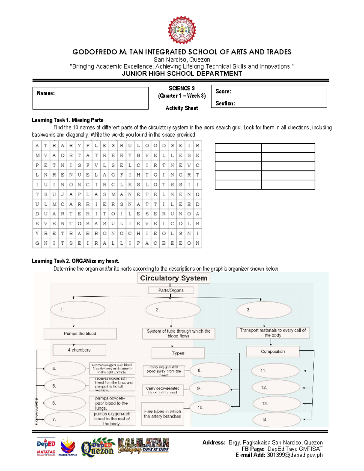 SCIENCE 9 (AS-Sci9Q1W3) Activity Sheet: Circulatory System Tasks - Studocu