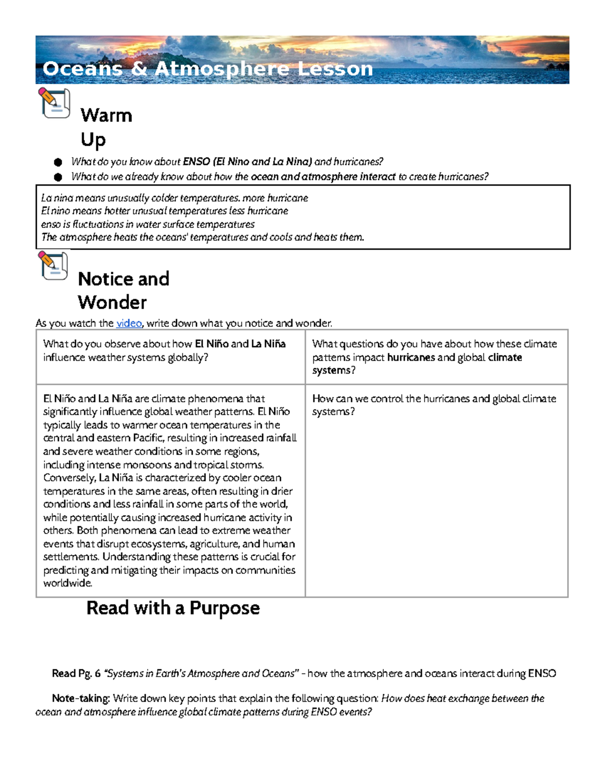 Copy of Unit 3 Lesson 6 El Nino and La Nina - What do you know about ...