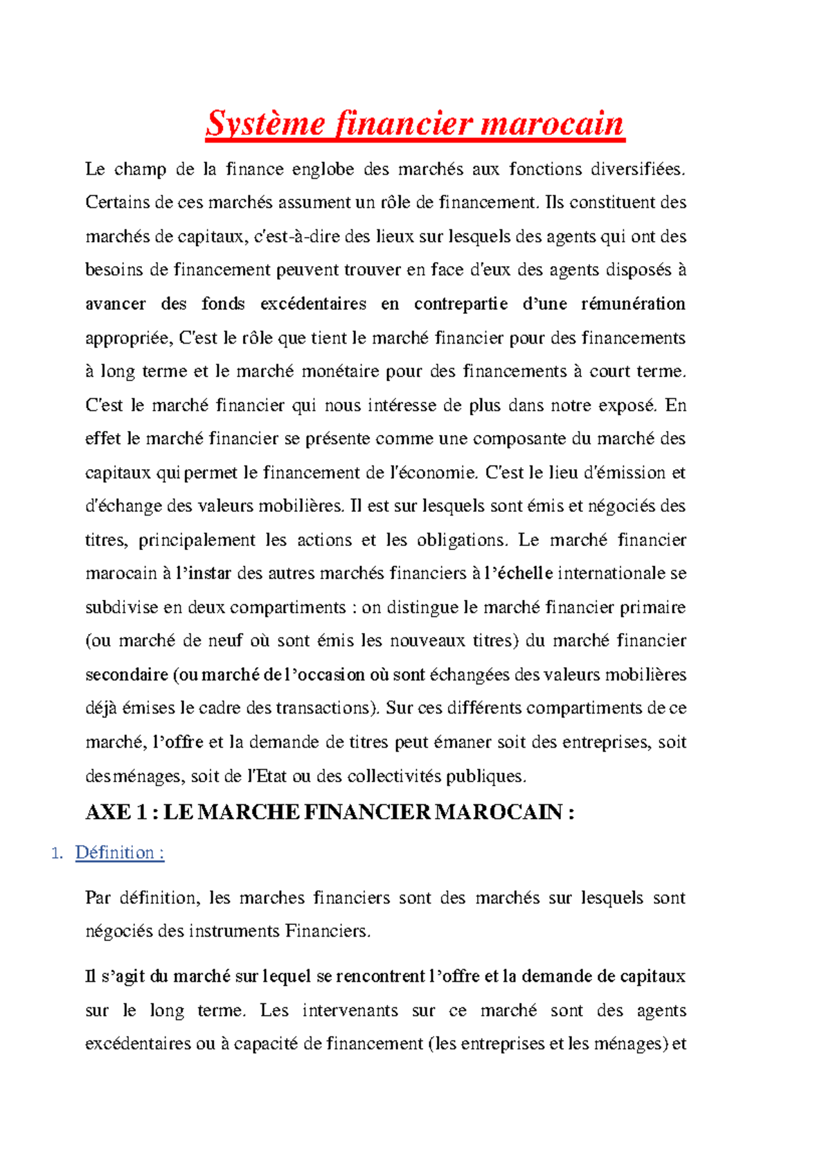 Système Financier Marocain : Définition et Rôles des Marchés Financiers ...