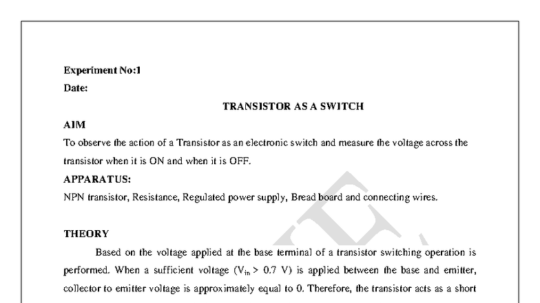 414 - Project: Transistor as a Switch and Amplifier Experiments - Studocu