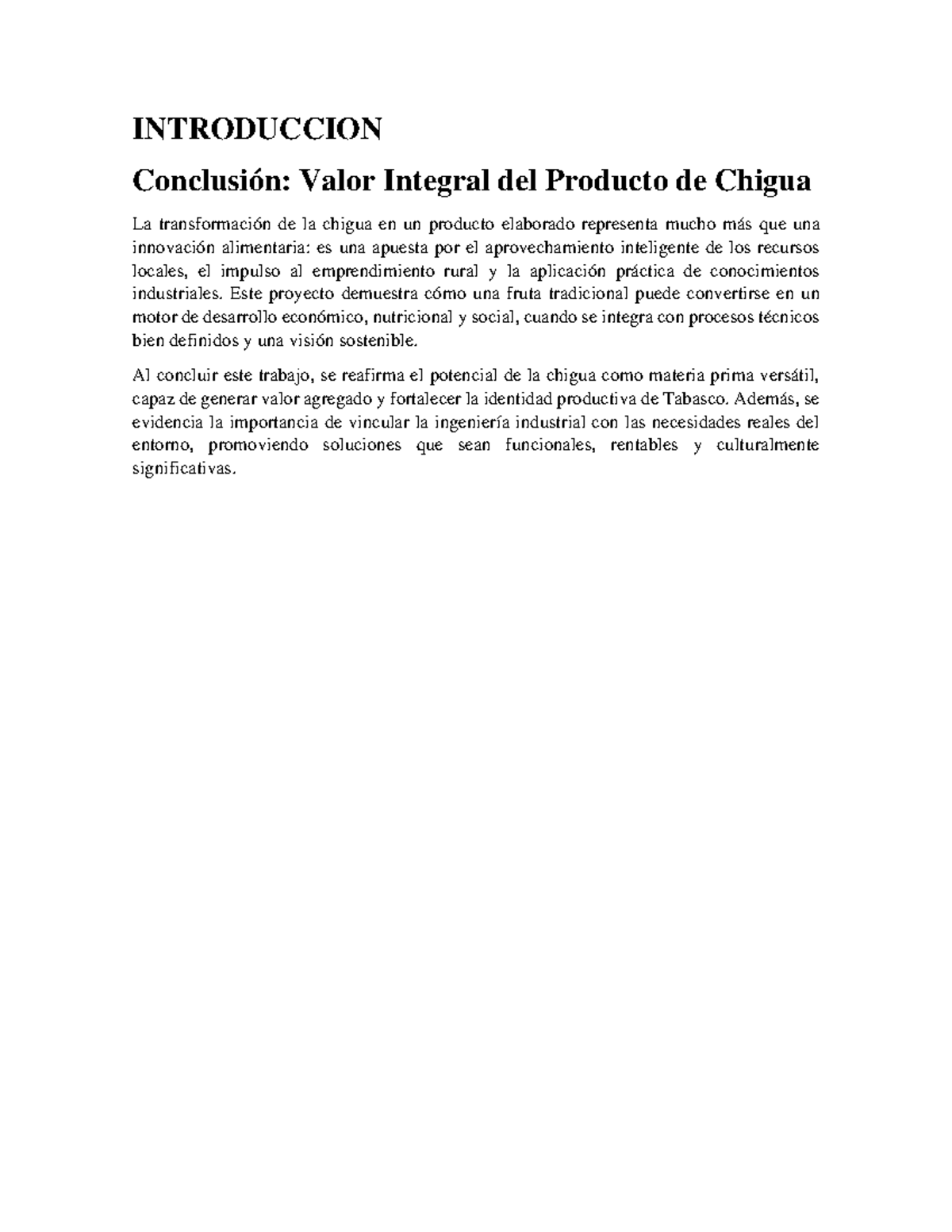 Conclusiones sobre el Valor Integral del Producto de Chigua - Studocu