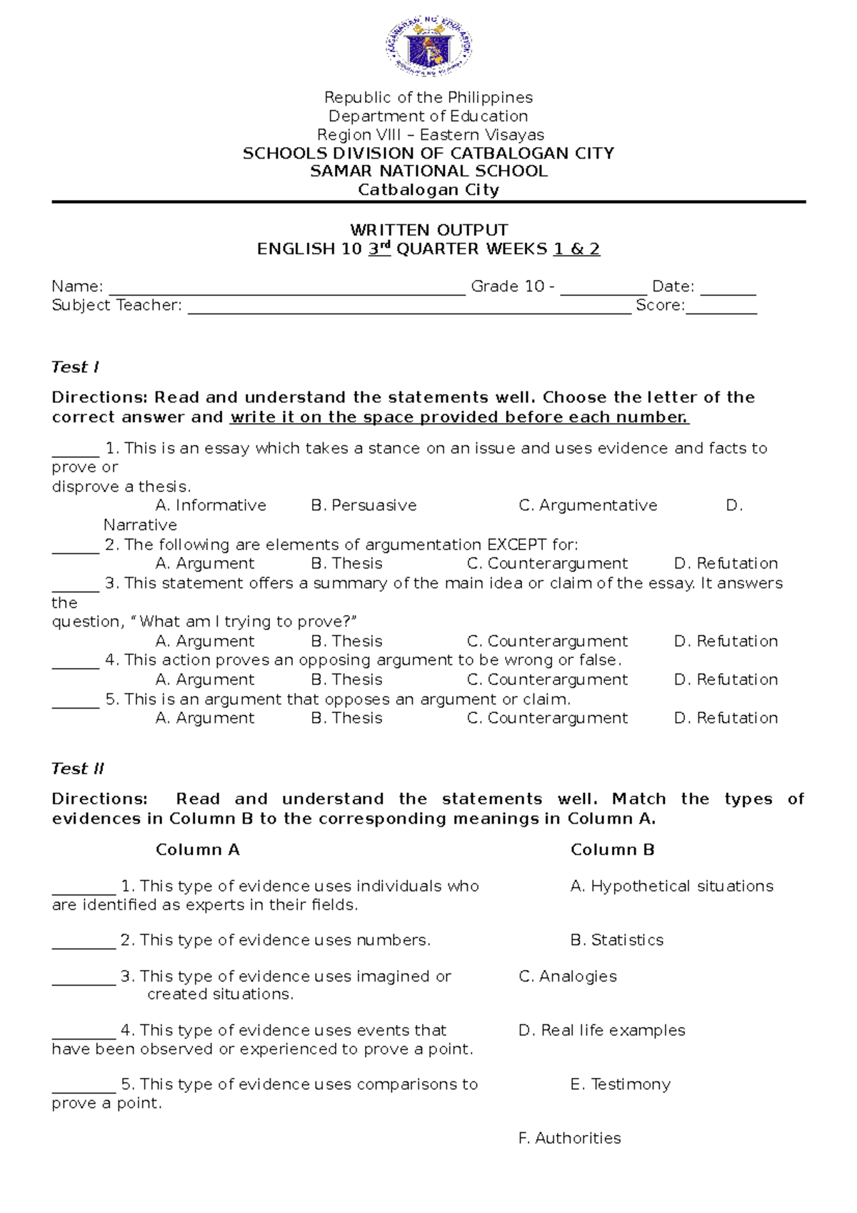 English G10 Written Test 3rd Quarter Weeks 1 & 2 W12 - Studocu