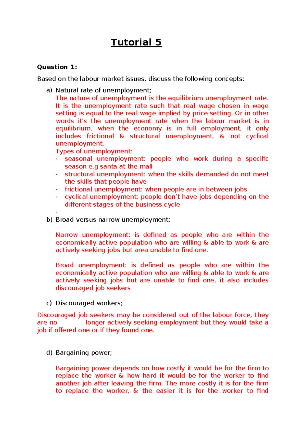 ECO 2A: Tutorial 5 on Labour Market Issues and Unemployment Concepts ...