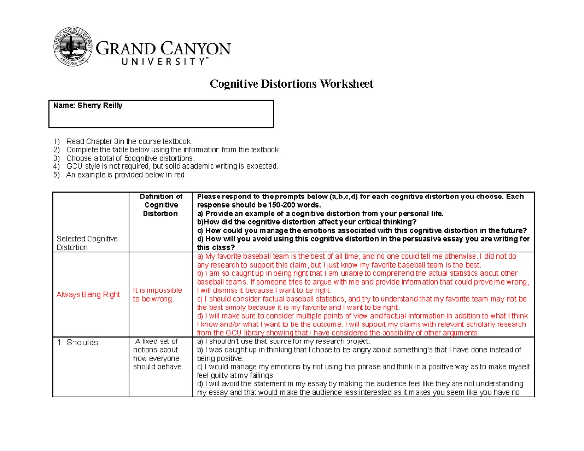 Cognitive Distortions Worksheet