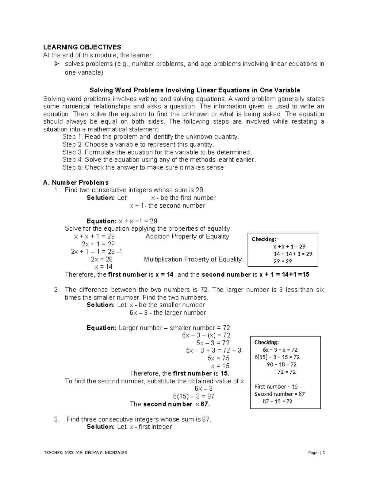 MATH 8 Q3 MOD2 - Solving Word Problems with Linear Equations - Studocu