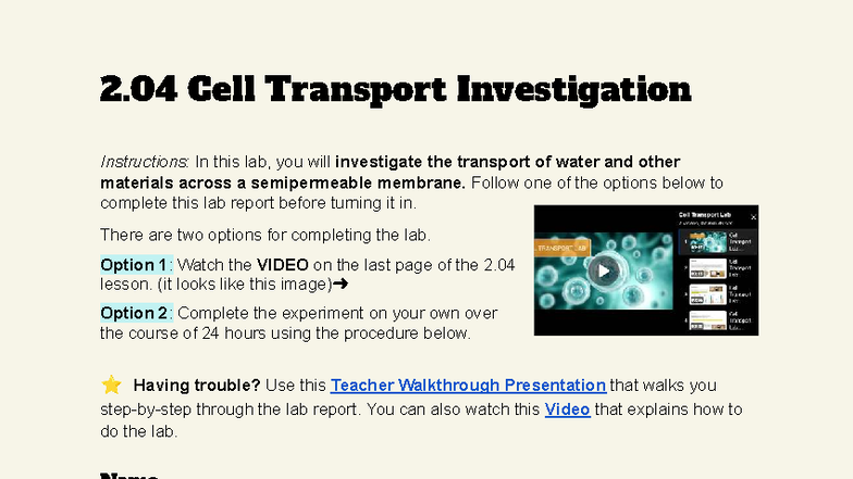 2.04 Cell Transport Lab Report: Investigating Membrane Dynamics - Studocu
