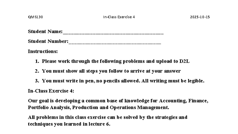 QMS130 Fall 2025 In-Class Exercise 4 Instructions and Problems - Studocu