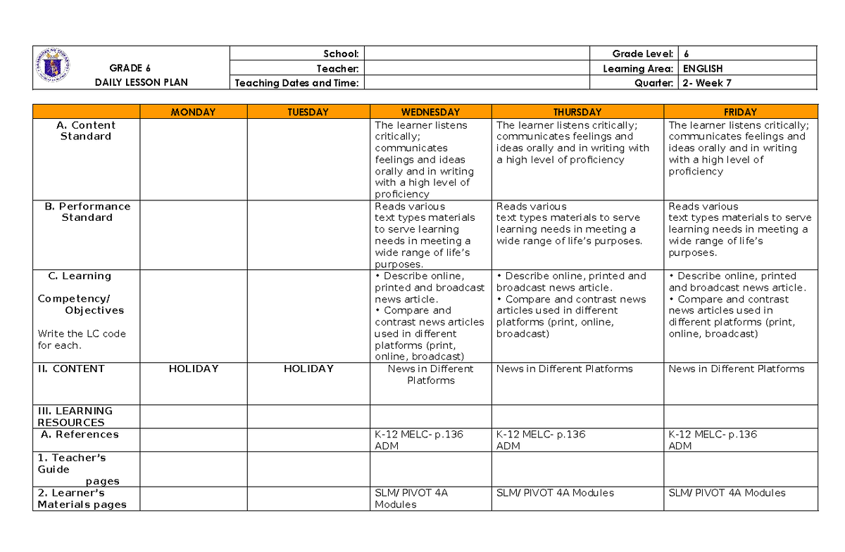 English DLL G6 Q2 W7-1: Daily Lesson Plan on News Media - Studocu