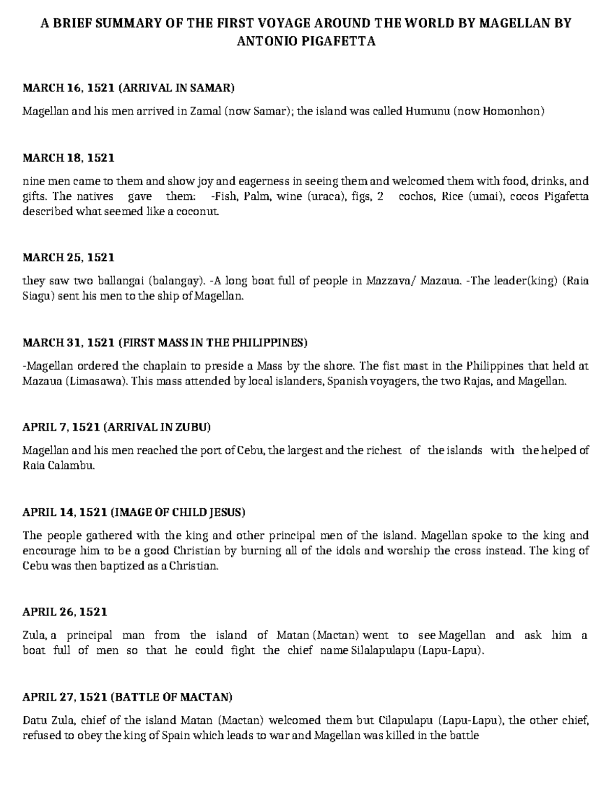 A Summary of Magellan's First Voyage (HIST 101: Key Events) - Studocu