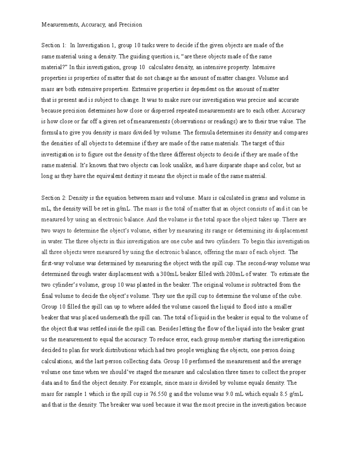 Chem 1151 Lab Report: Investigating Density, Accuracy, and Precision ...