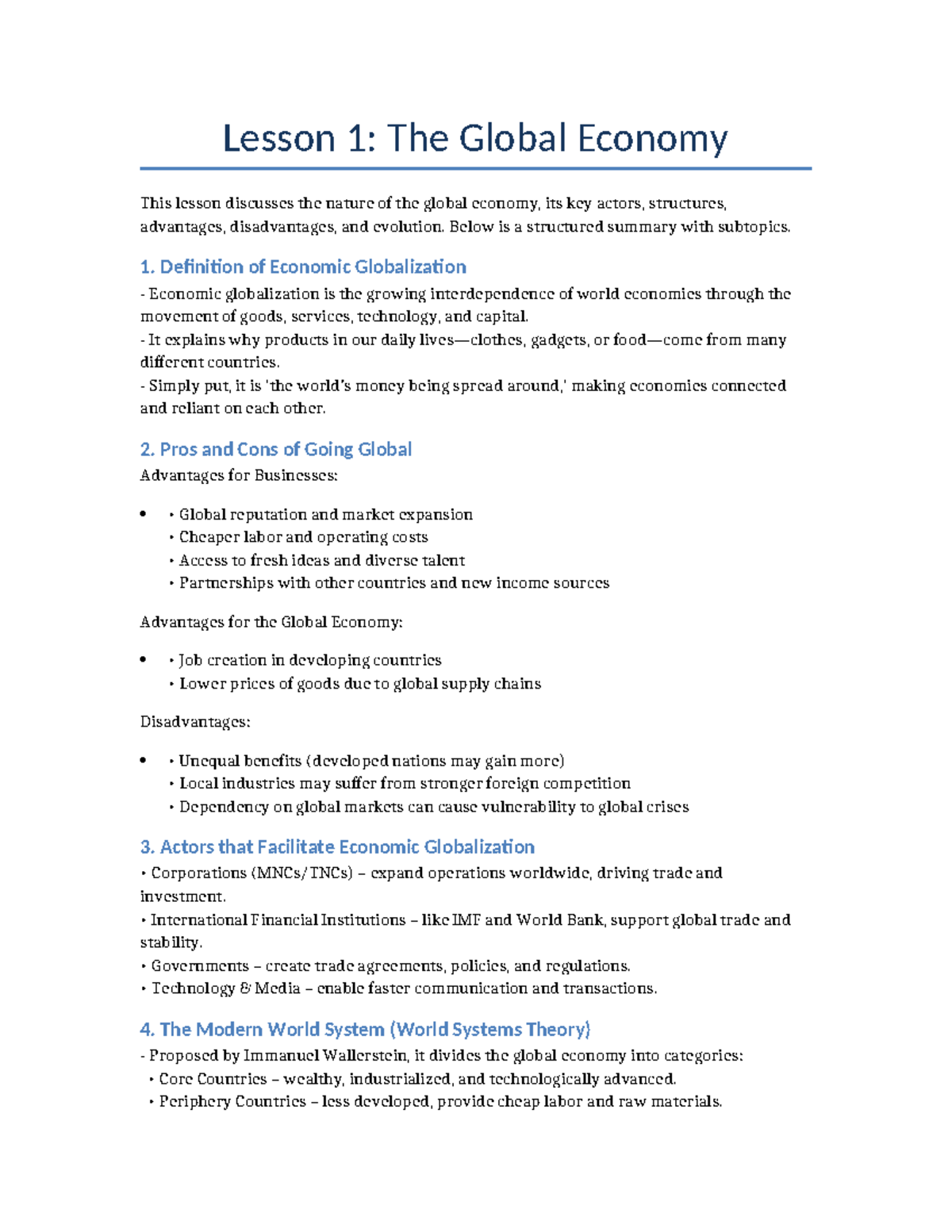 Lesson 1: Global Economy Overview and Key Concepts - Studocu