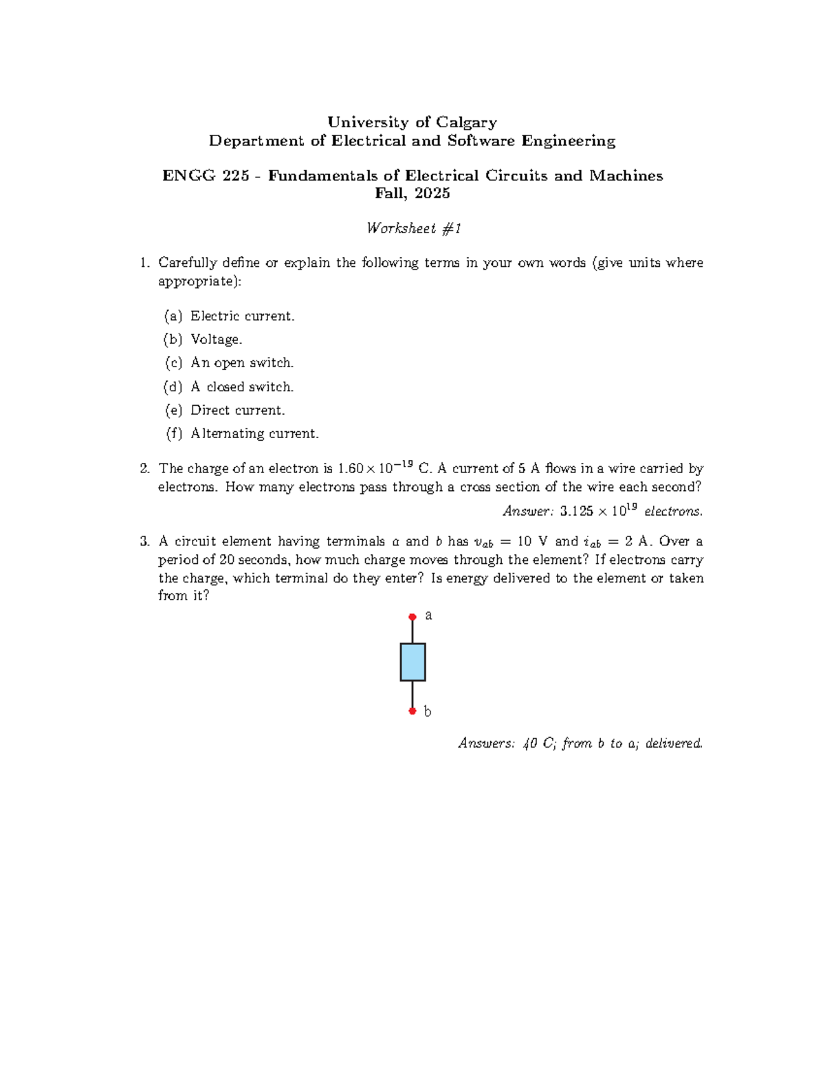 ENGG 225 Fall 2025 Worksheet 1: Electrical Circuits & Machines Concepts ...