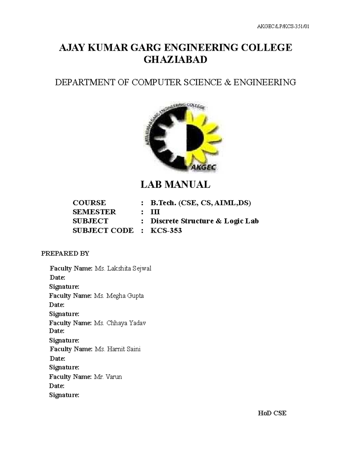 KCS-353 Discrete Structure & Logic Lab Manual ODD Sem 2021-22 - Studocu