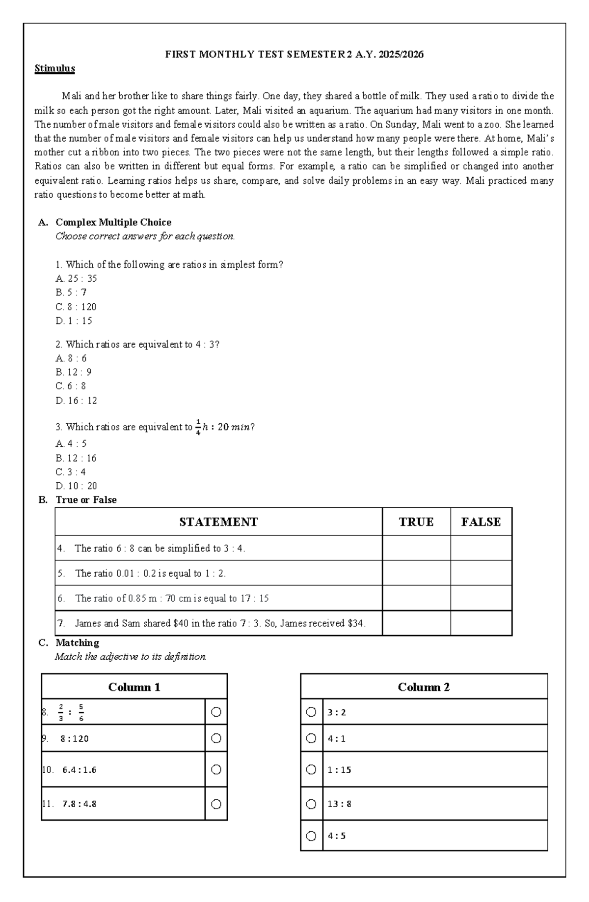 Grade 7 Math Worksheet: Ratios & Proportions - 1st Monthly Test - Studocu