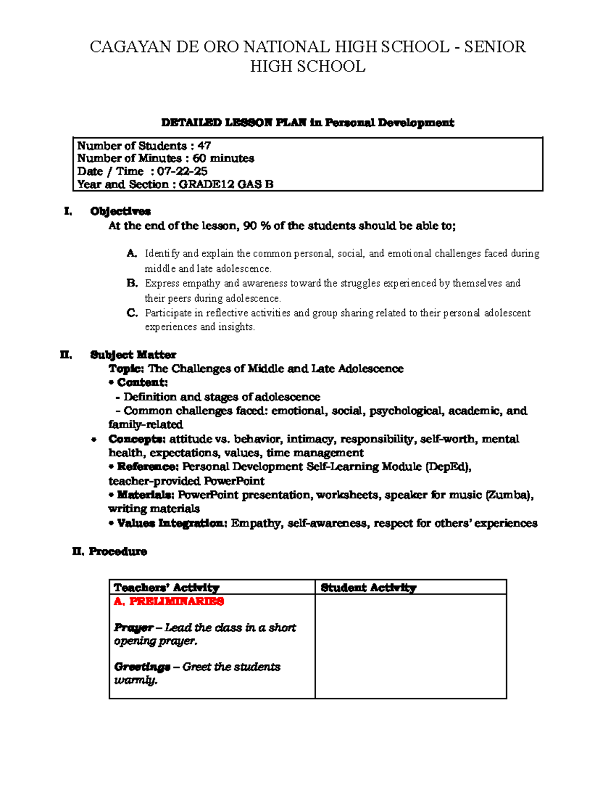 Grade 12 GAS B Personal Development - Lesson Plan on Adolescent ...