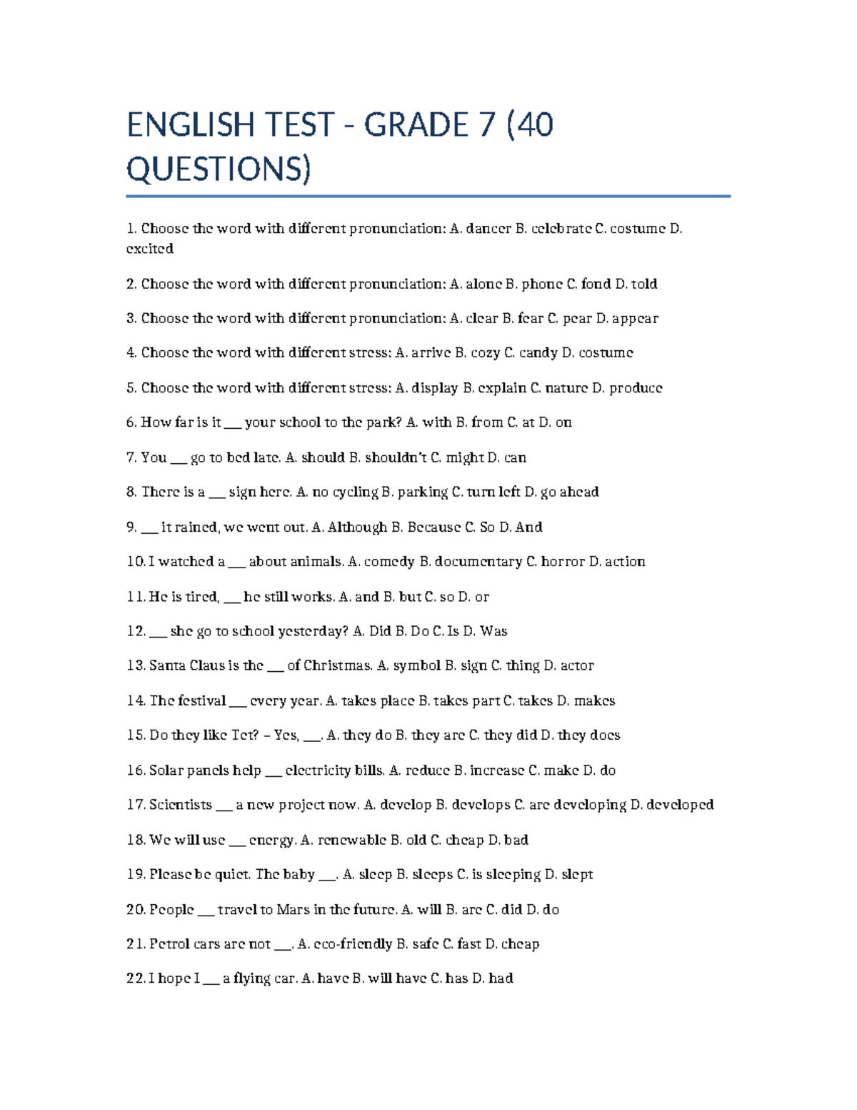 ENGLISH GRADE 7 TEST (40 QUESTIONS) - PRONUNCIATION & STRESS - Studocu