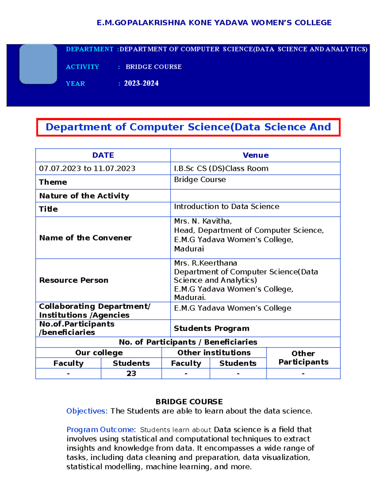 CS(DS) - Data Science and Analytics Activities Overview 2023-2024 - Studocu