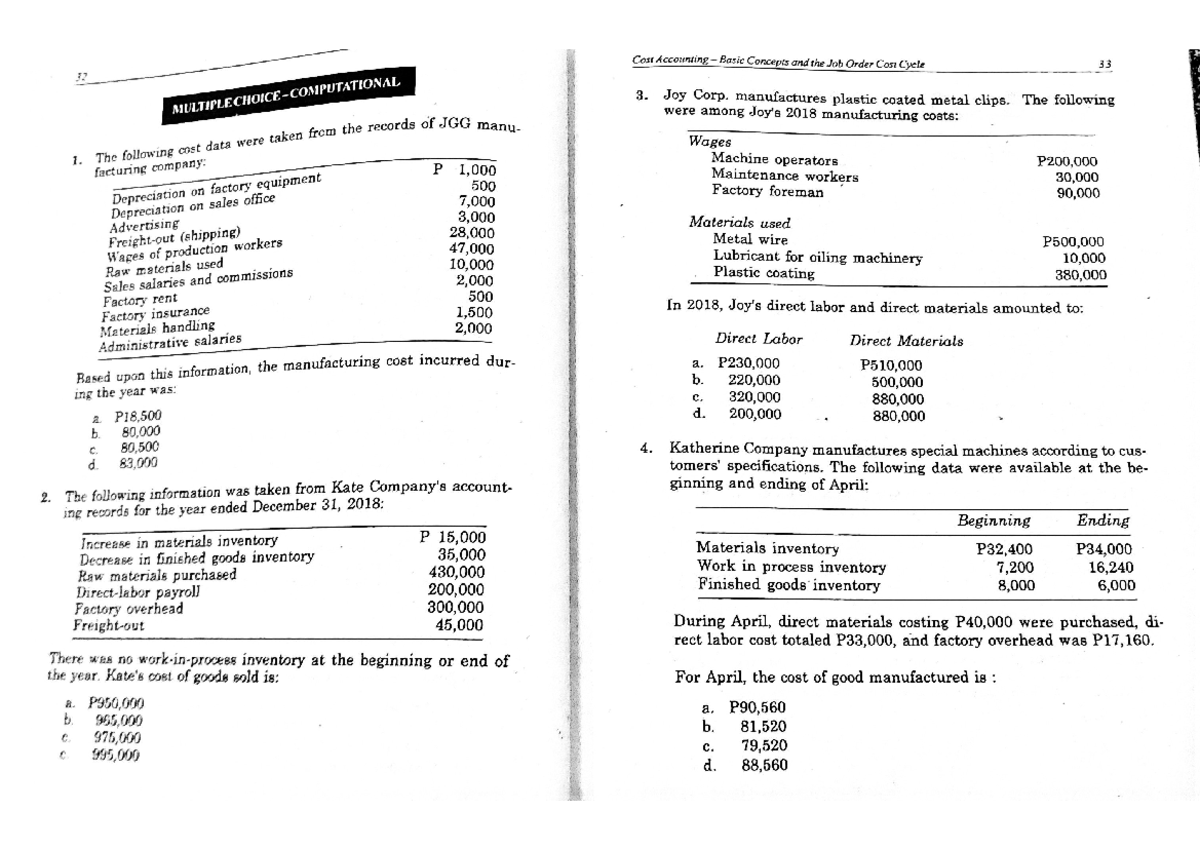 Material A Basic Concepts in Cost Accounting Problem Solving - 32 Cost ...