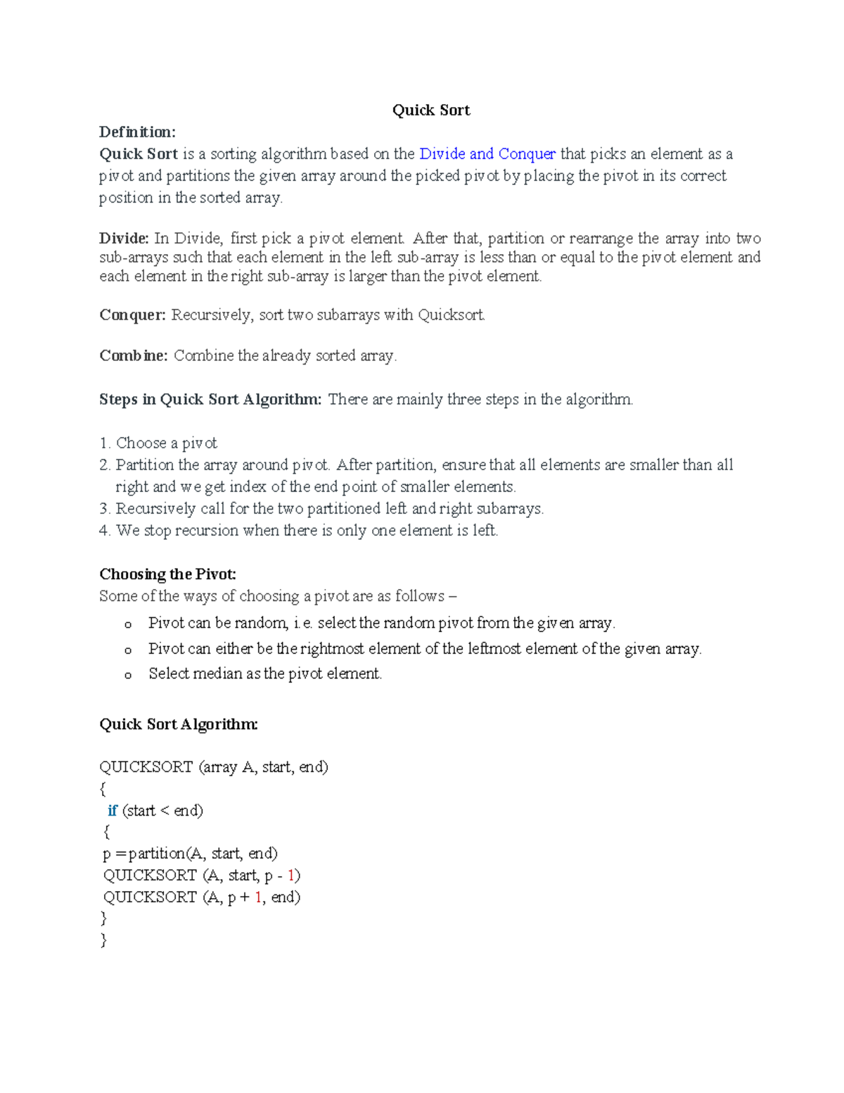 Quick Sort Algorithm Overview and Steps - Studocu