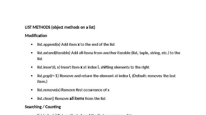 LIST Methods - cheatsheet - LIST METHODS (object methods on a list ...