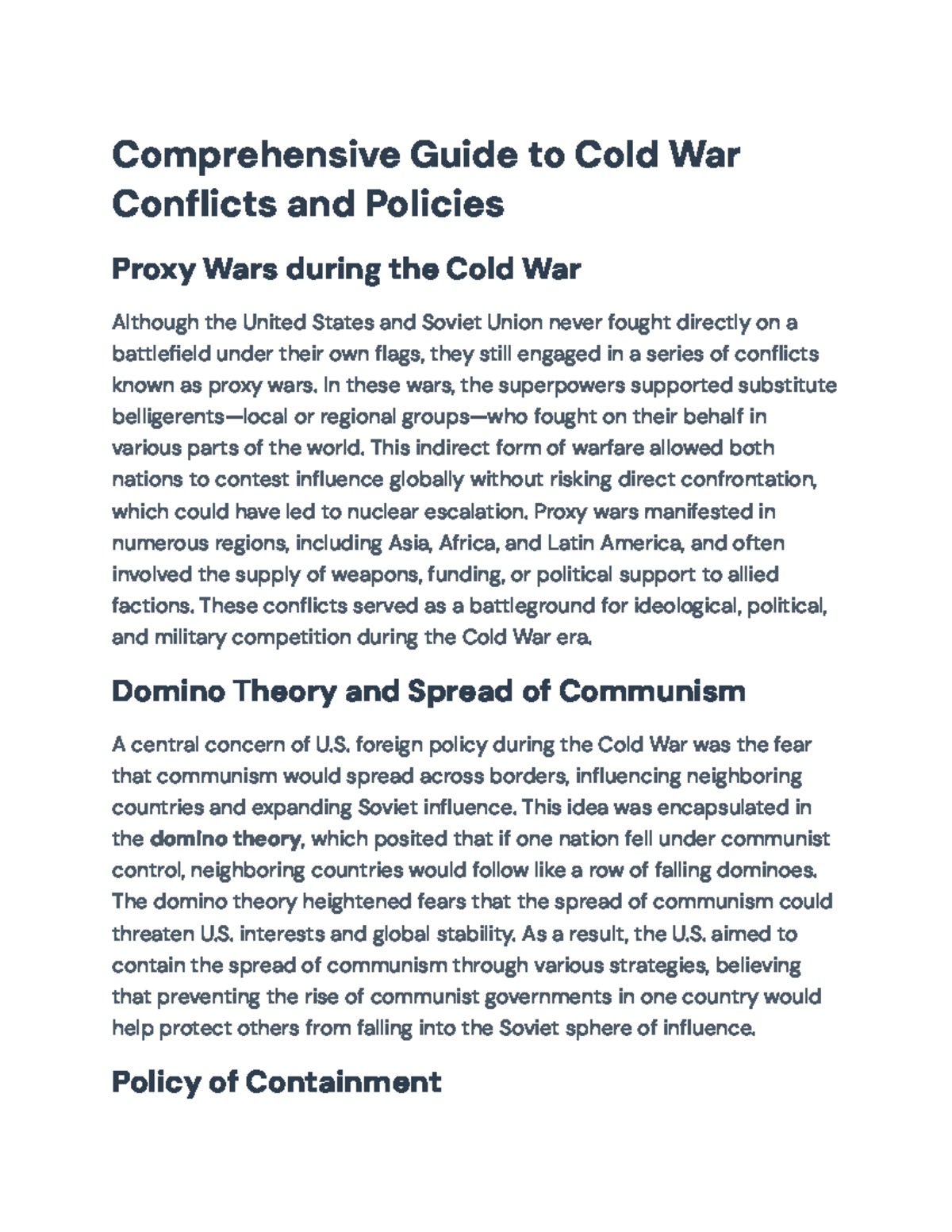 Comprehensive Overview of Cold War Proxy Wars and Policies (HIST 101 ...
