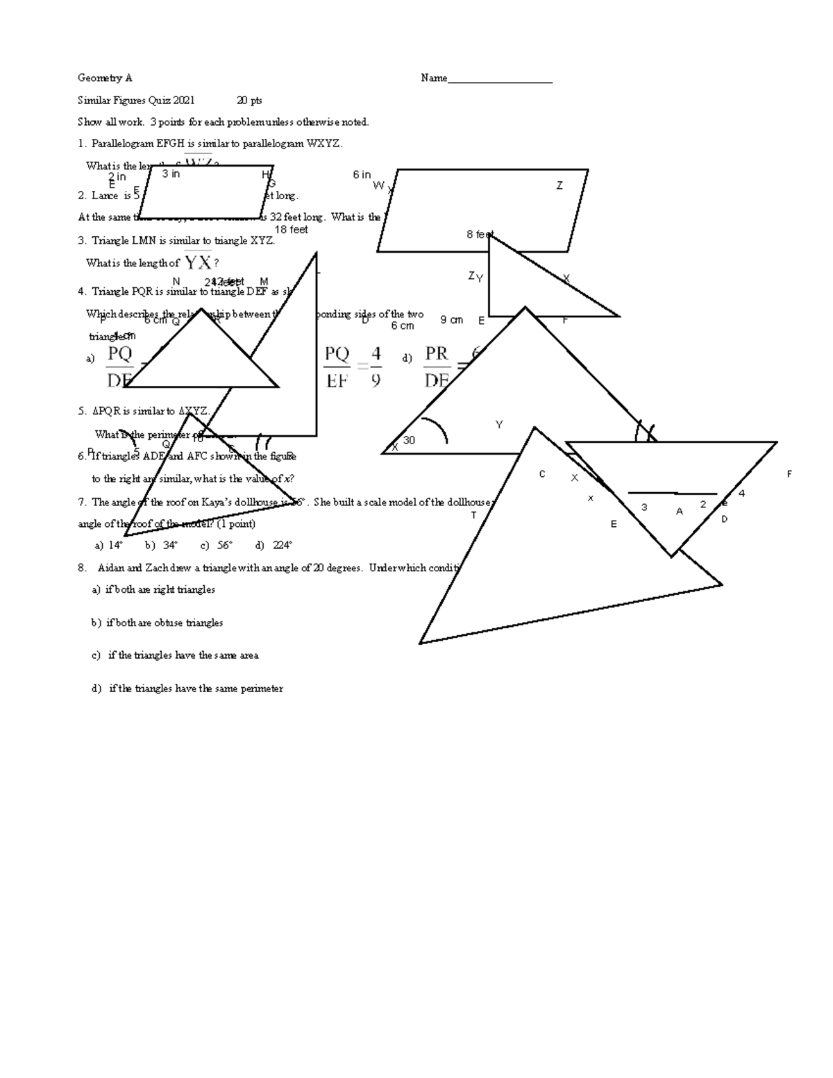Geometry A Similar Figures Quiz 2021 - 20 Points - Studocu